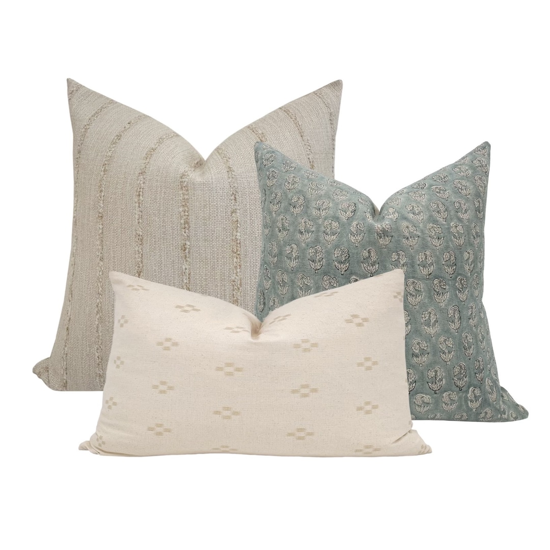 PILLOW COMBO Set of Three Pillow Covers, Cream Woven Striped, Blue ...