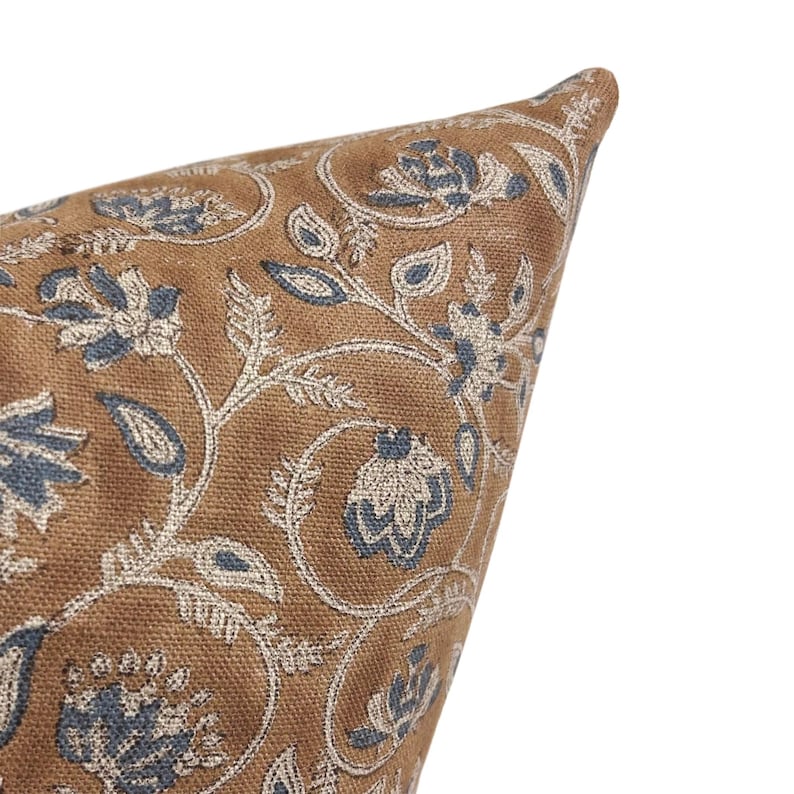 HARRISON || Designer Floral Linen Pillow Cover, Brown and Blue Pillow ...
