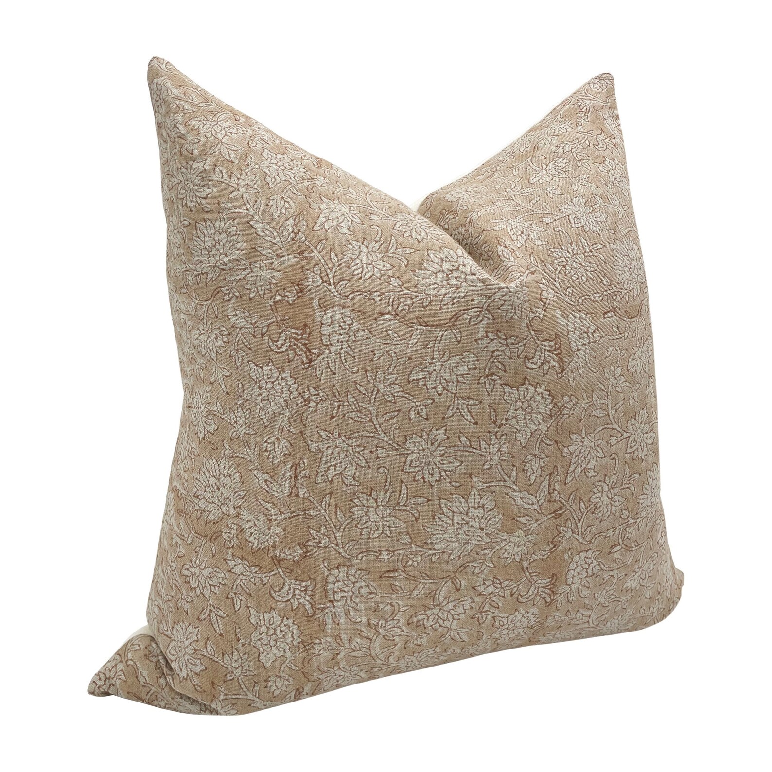TULLULAH || Designer Floral Linen Pillow Cover, Tan Handblock Pillow ...