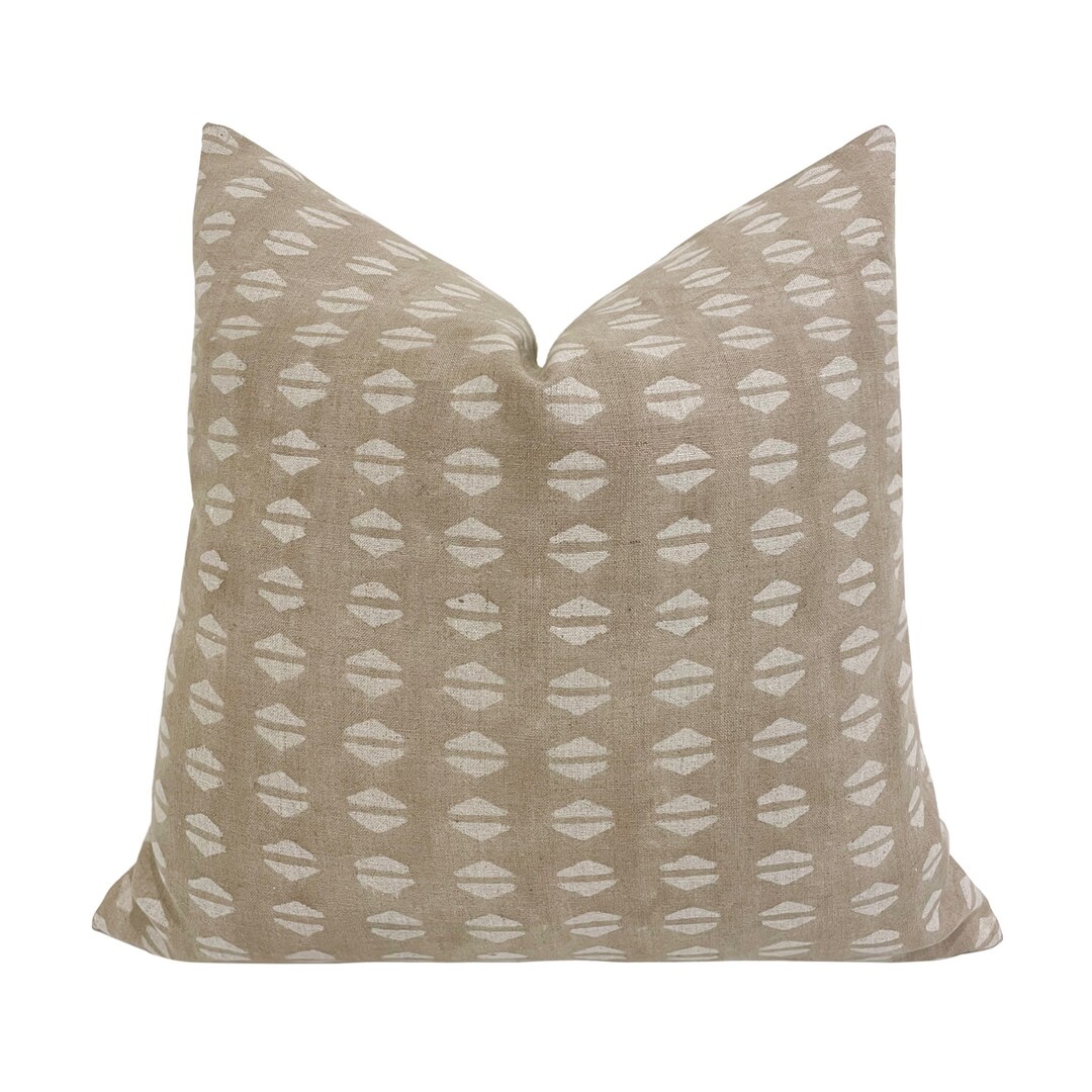 ASHTON || Designer Tan Linen Pillow Cover, Block Print Pillow, Beige ...