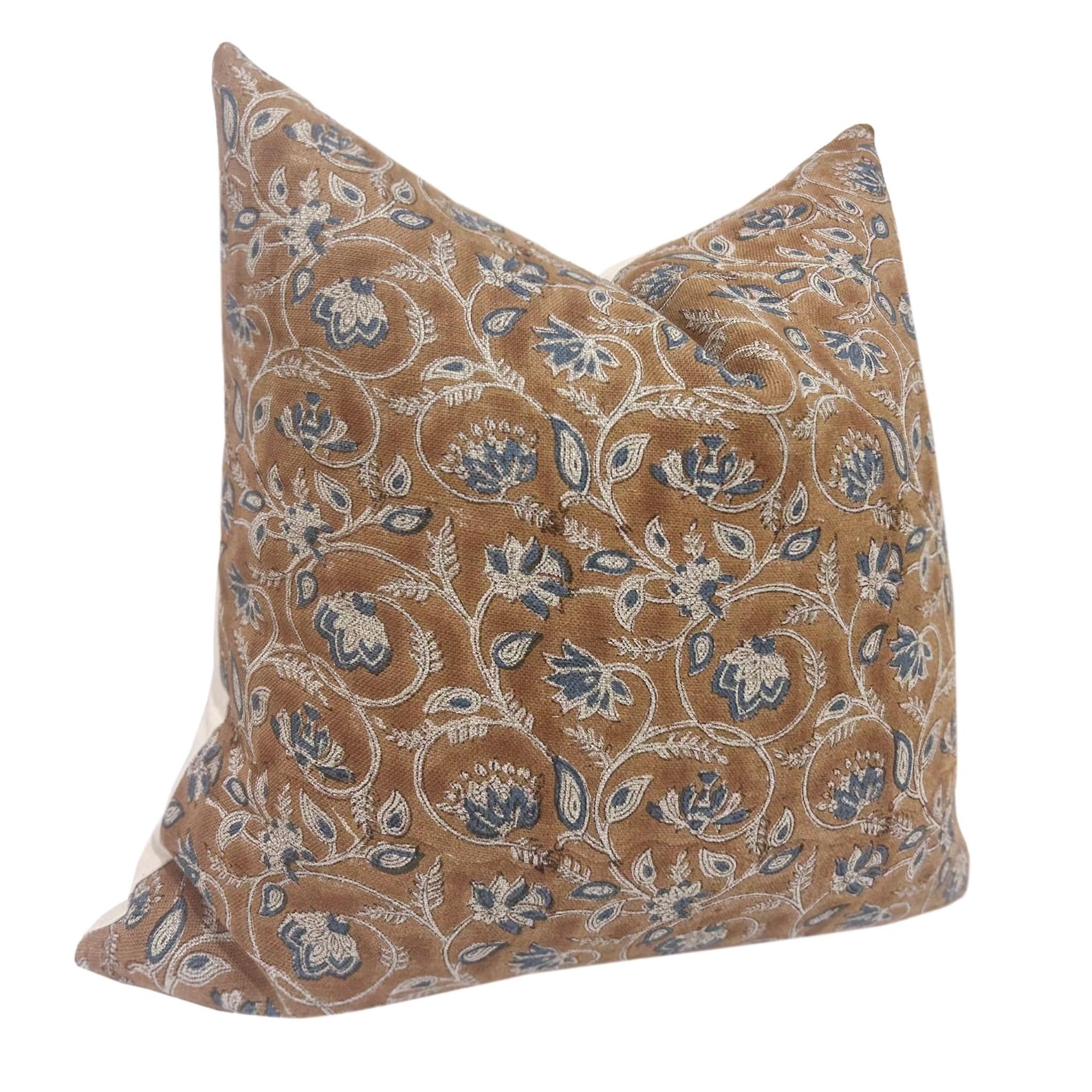 HARRISON || Designer Floral Linen Pillow Cover, Brown and Blue Pillow ...