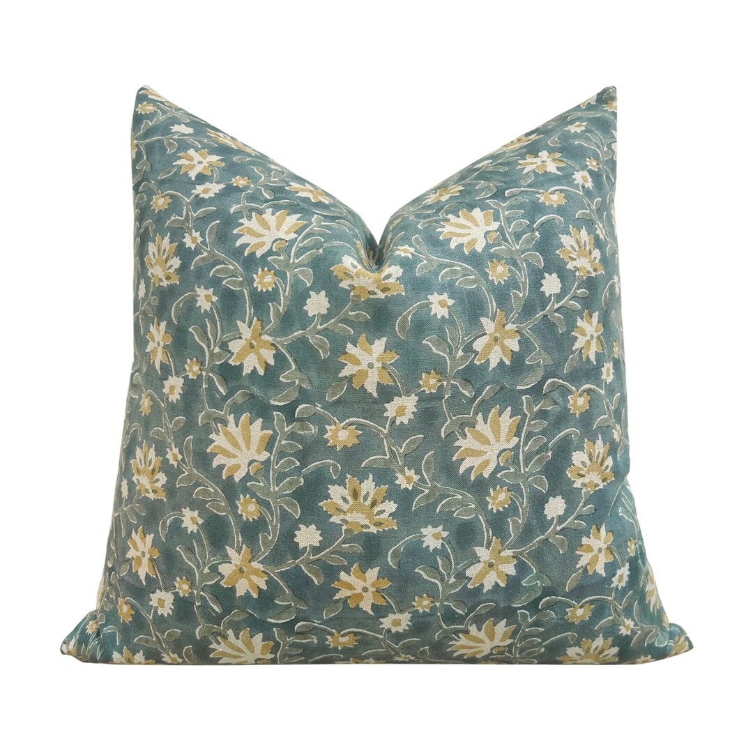 EMERY || Green and Gold Floral Linen Pillow Cover, Hand Block Pillow ...