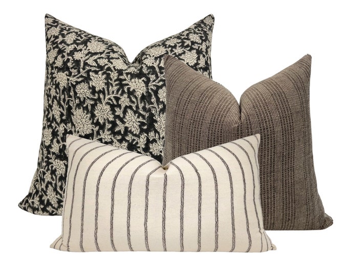 PILLOW COMBO Set of Three Pillow Covers, Black Floral Linen, Dark Brown ...