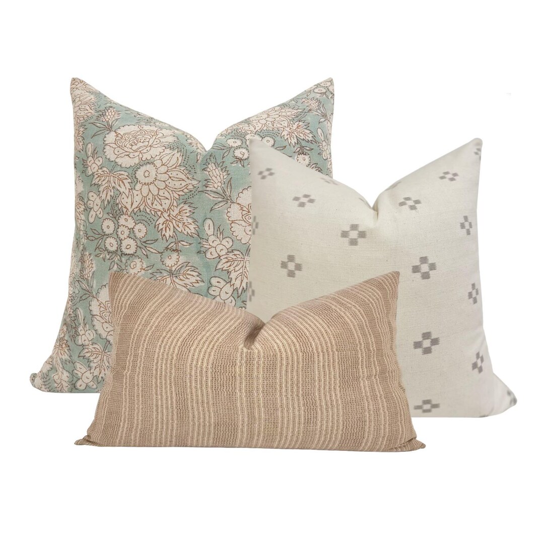 PILLOW COMBO || Set of Three Pillow Covers, Blue Floral Linen, Brown ...