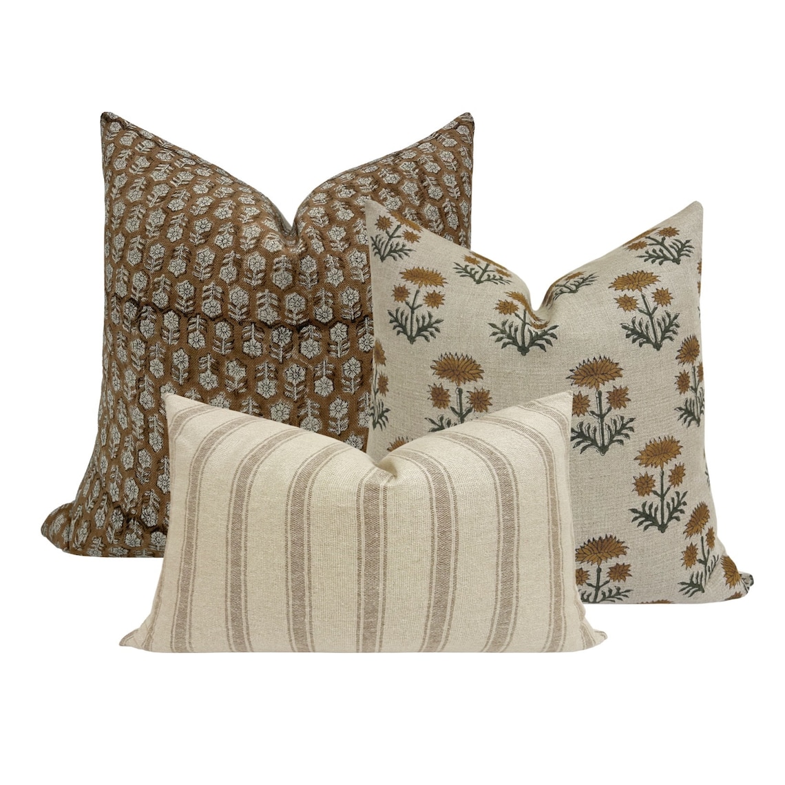 PILLOW COMBO || Set of Three Designer Pillow Covers, Brown Linen Floral ...