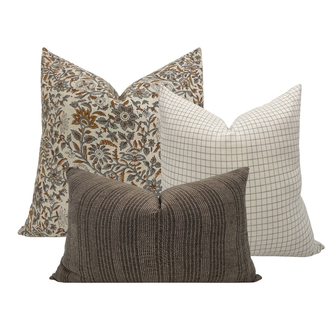 PILLOW COMBO || Set of Three Designer Pillow Covers, Floral Blockprint ...
