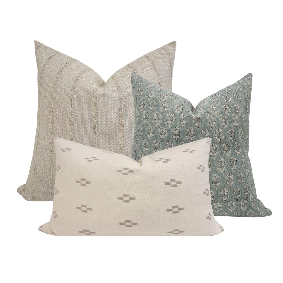 PILLOW COMBO || Set of Three Pillow Covers, Cream Woven Striped, Blue ...