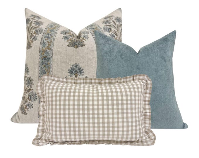 PILLOW COMBO || Set of Three Designer Pillow Covers, Blue Floral, Blue ...