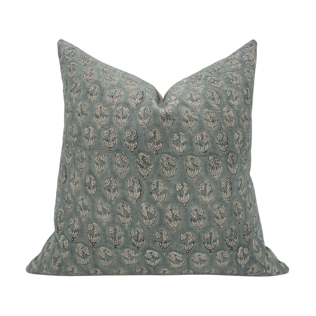 DAPHNE Designer Floral Linen Pillow Cover, Dusty Blue Coastal Blue ...