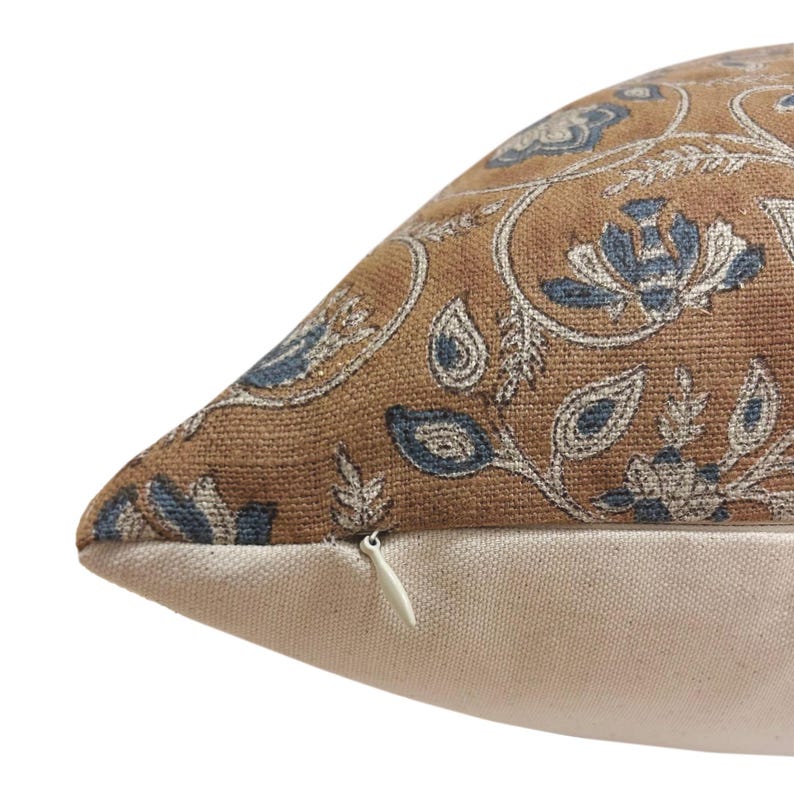 HARRISON || Designer Floral Linen Pillow Cover, Brown and Blue Pillow ...