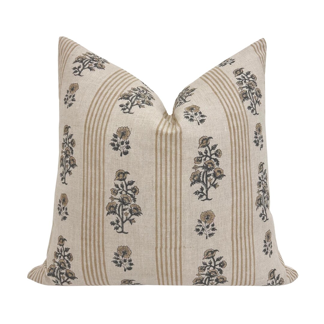 WREN || Designer Floral Linen Pillow Cover, Beige and Green Floral ...