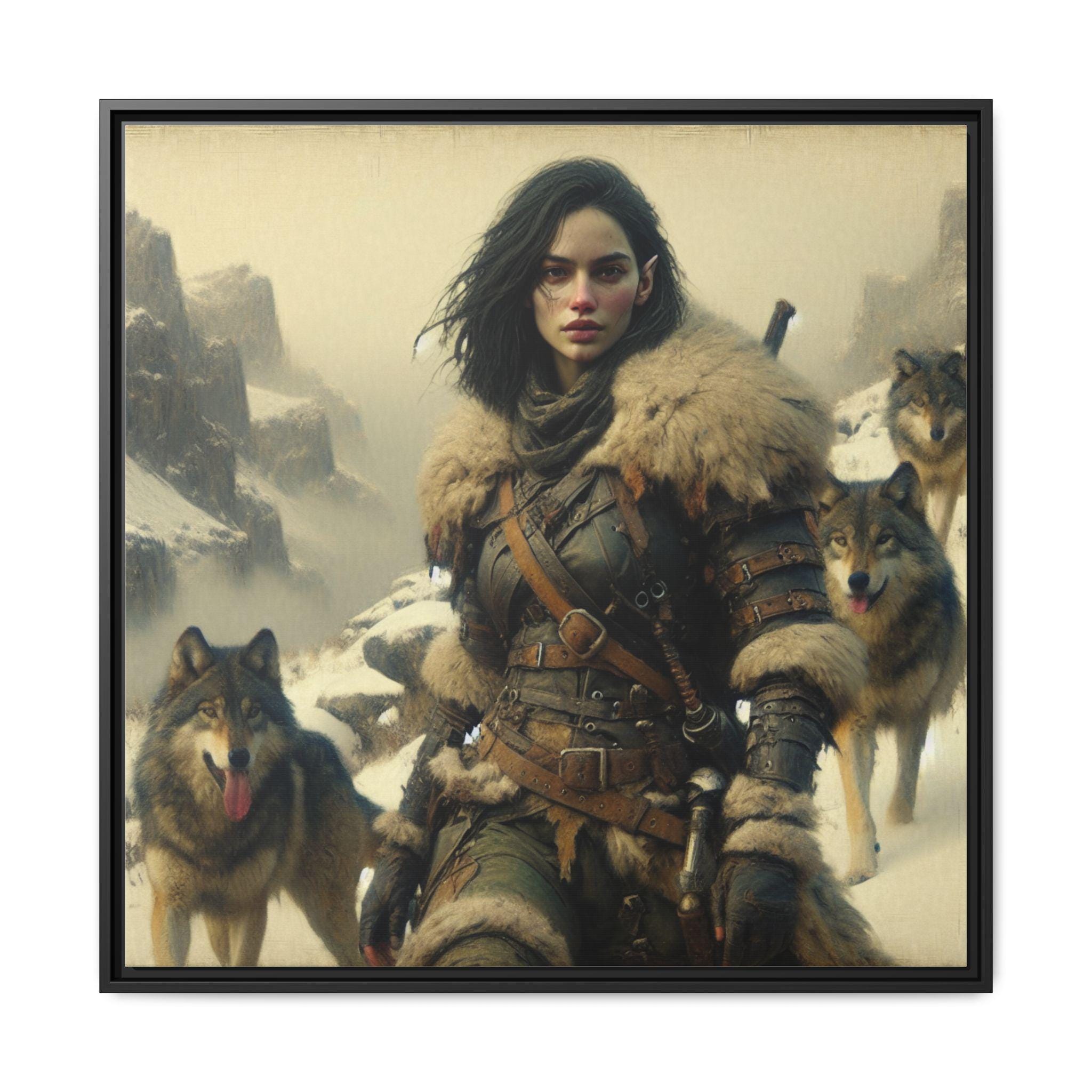 Elf Mountain Ranger With Her Wolves Framed Matte Canvas AI Art Print ...