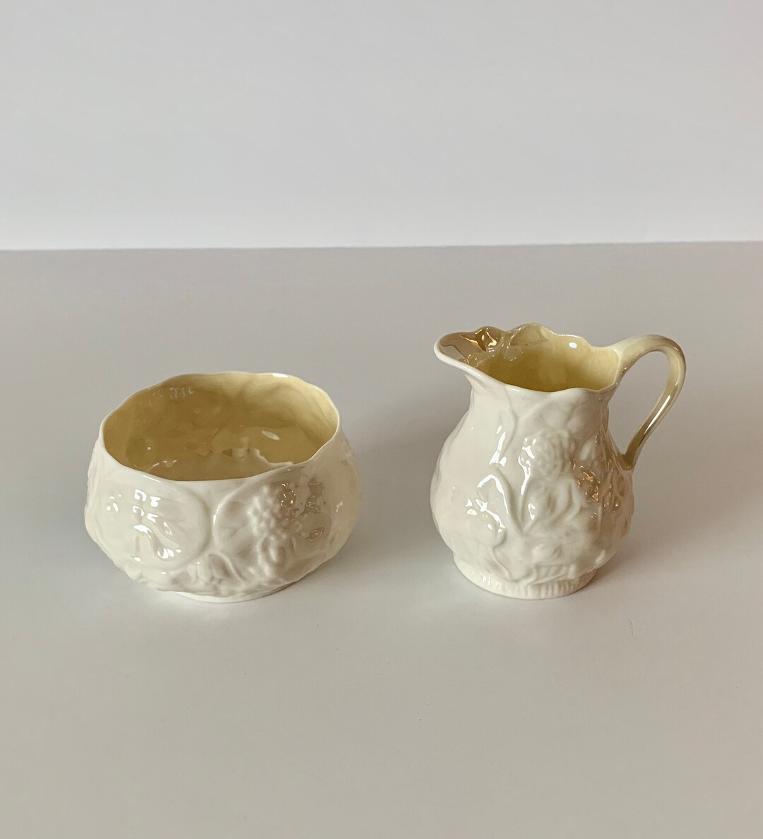 Vintage Belleek Lotus Creamer and Sugar Set: Embossed Parian China ...