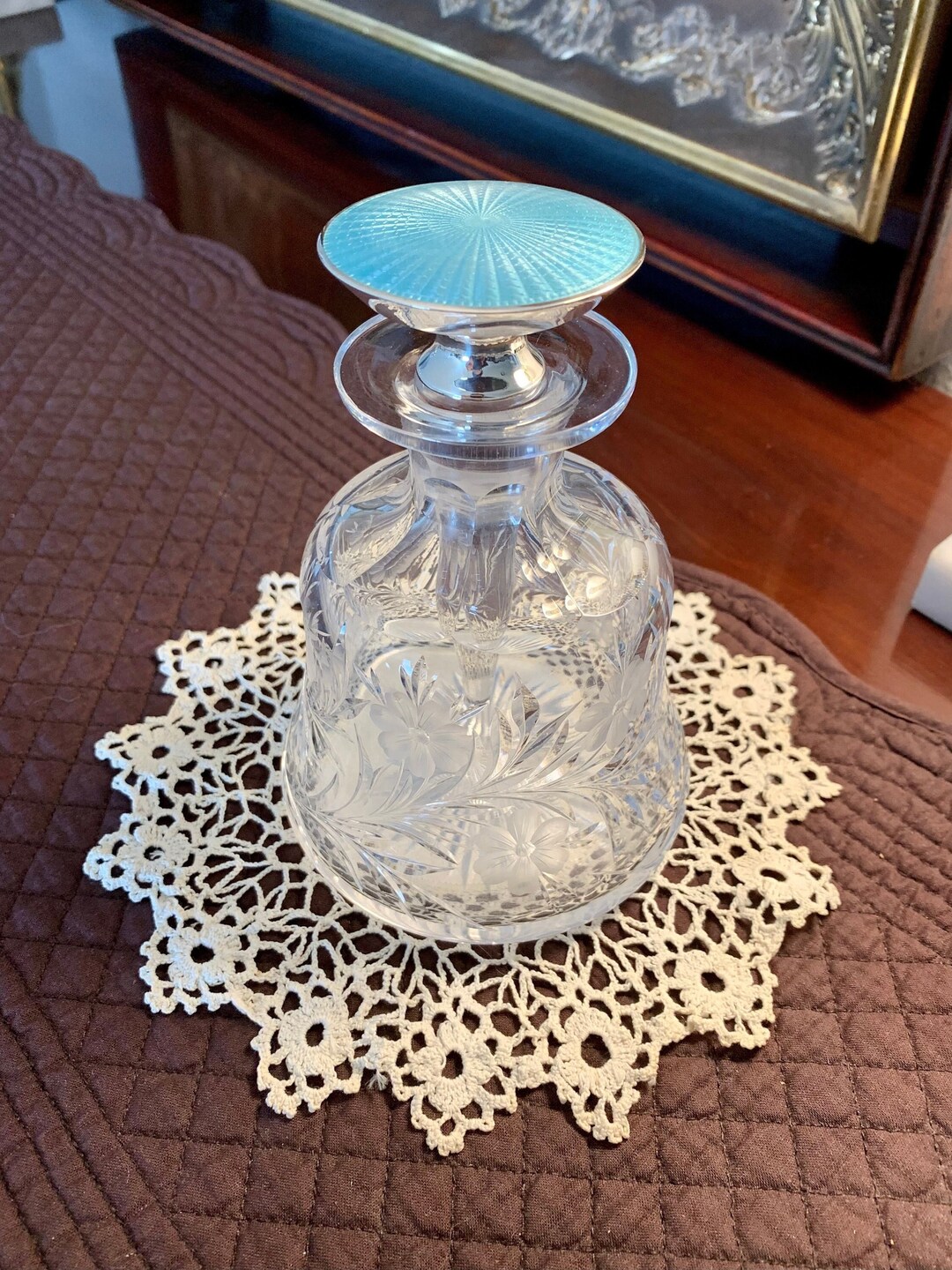 Rare Robins Egg Blue Guilloche Enamel Sterling Cut Crystal Bell-shaped ...