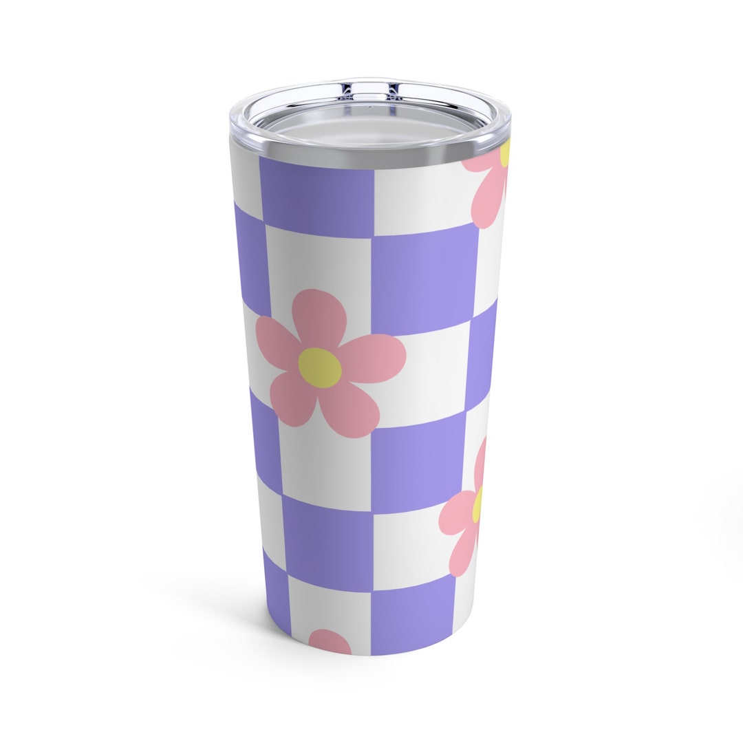 Cute Purple Checkered Print With Pink Flowers Tumbler 20oz - Etsy