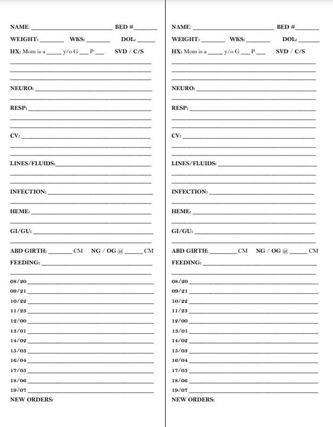 NICU Nurse Report Sheet - Printable Download - Etsy