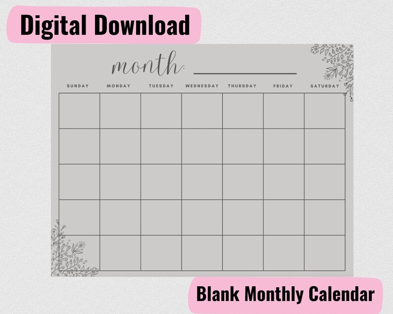 BLANK Calendar Template Floral Calendar Printable Calendar - Etsy