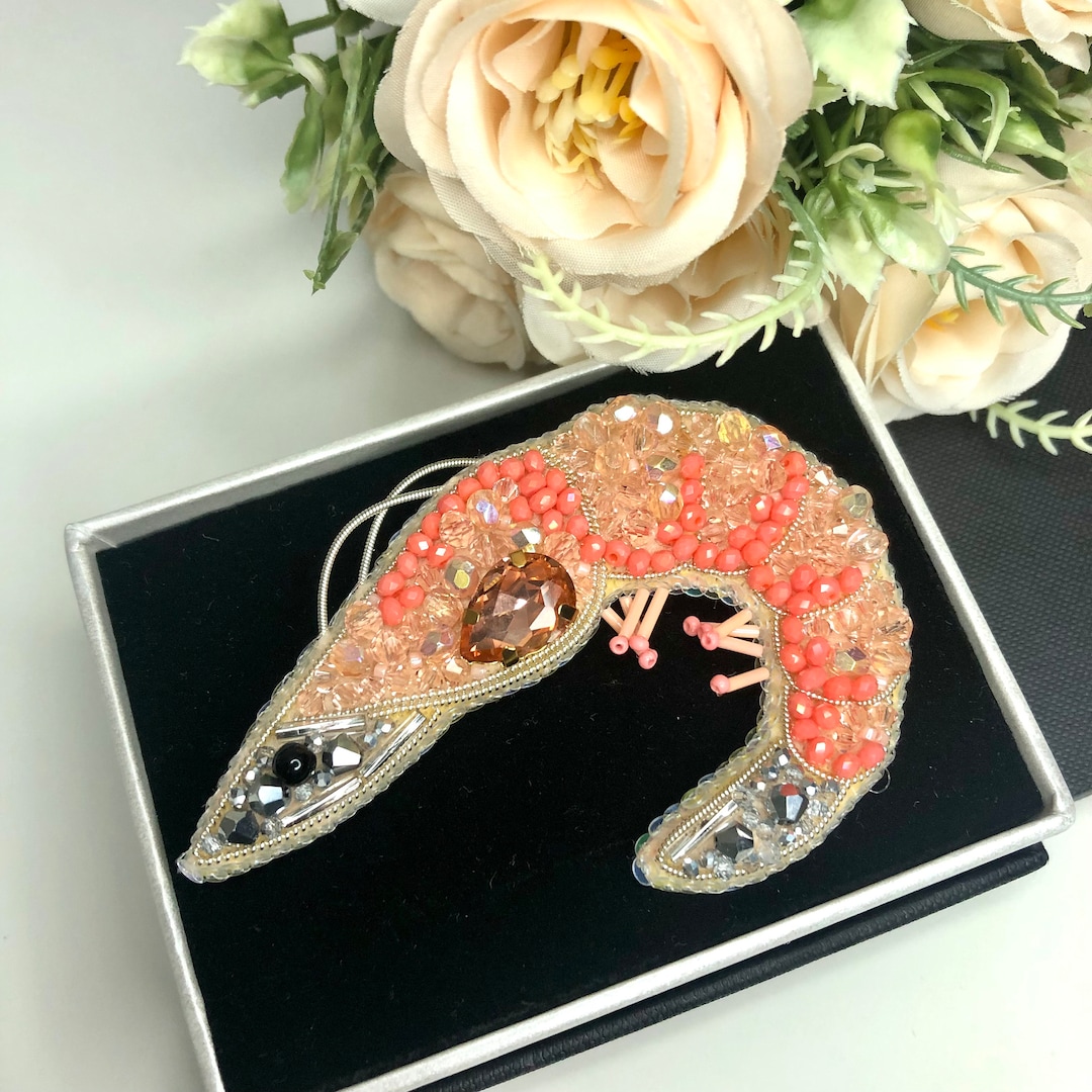 Handcrafted Beaded Shrimp Lapel Pin Sea Animals Brooch Gift, Rhinestone ...