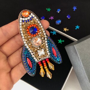 Handmade Rocket Brooch, Space Needle Brooch, Beaded Brooch, Heavenly ...
