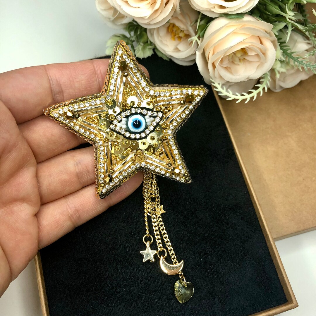 Embroidered Gold Color Star Brooch, Celestial Brooch, Star Brooch, Evil ...