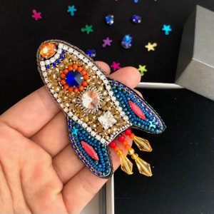 Handmade Rocket Brooch, Space Needle Brooch, Beaded Brooch, Heavenly ...