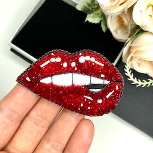 Handmade Red Lip Brooch, Red Lips Jewelry, Embroidered Colorful Brooch ...