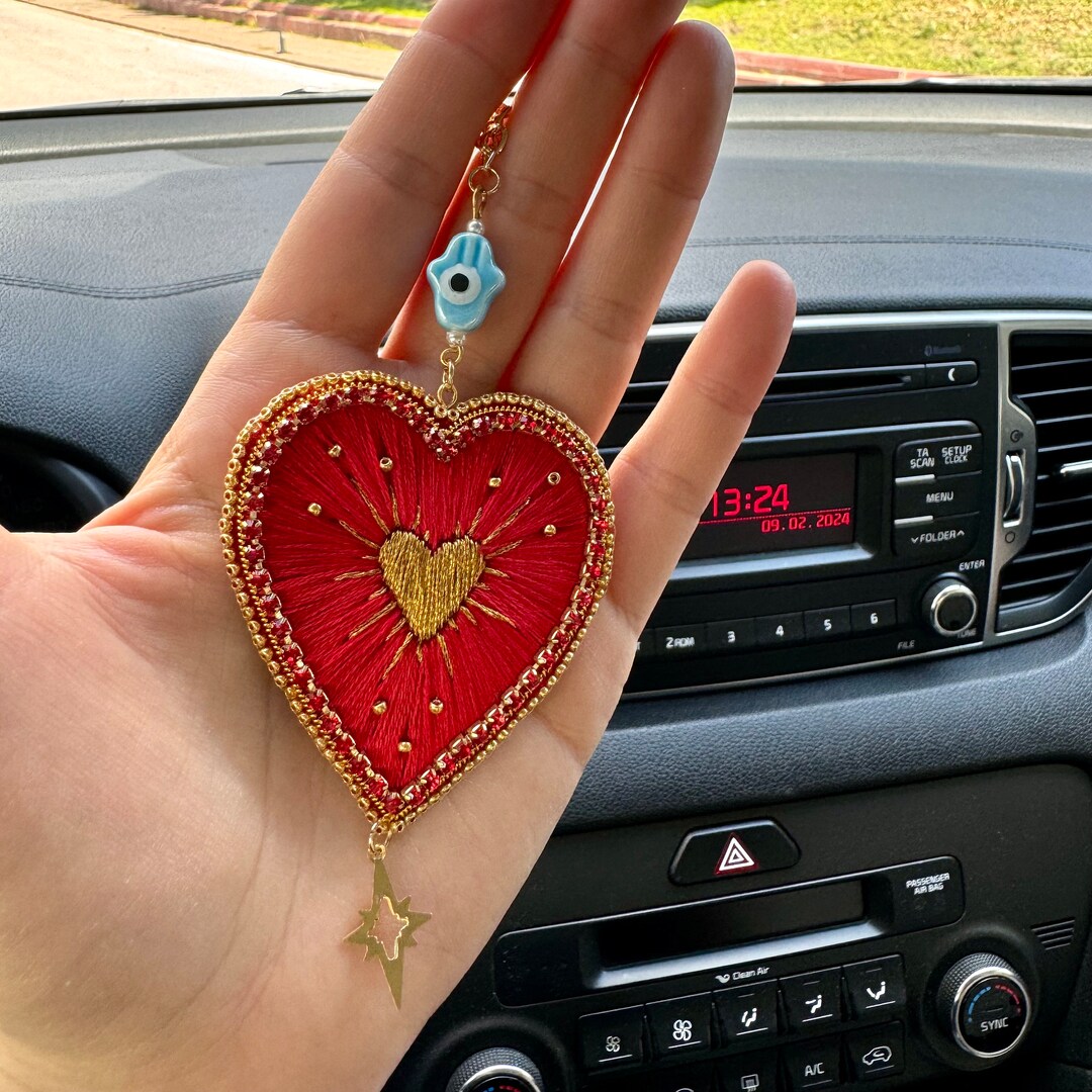 Heart Car Charm-beaded Rear View Mirror Accessory-car Hanger - Etsy