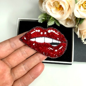 Handmade Red Lip Brooch, Red Lips Jewelry, Embroidered Colorful Brooch ...
