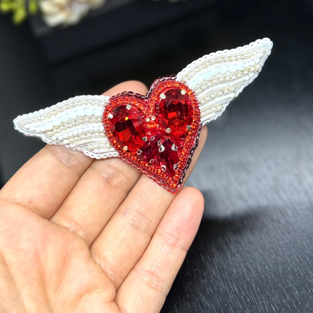 Crystal Glass Bead Embroidered Red Heart Angel Wing Brooch - Etsy