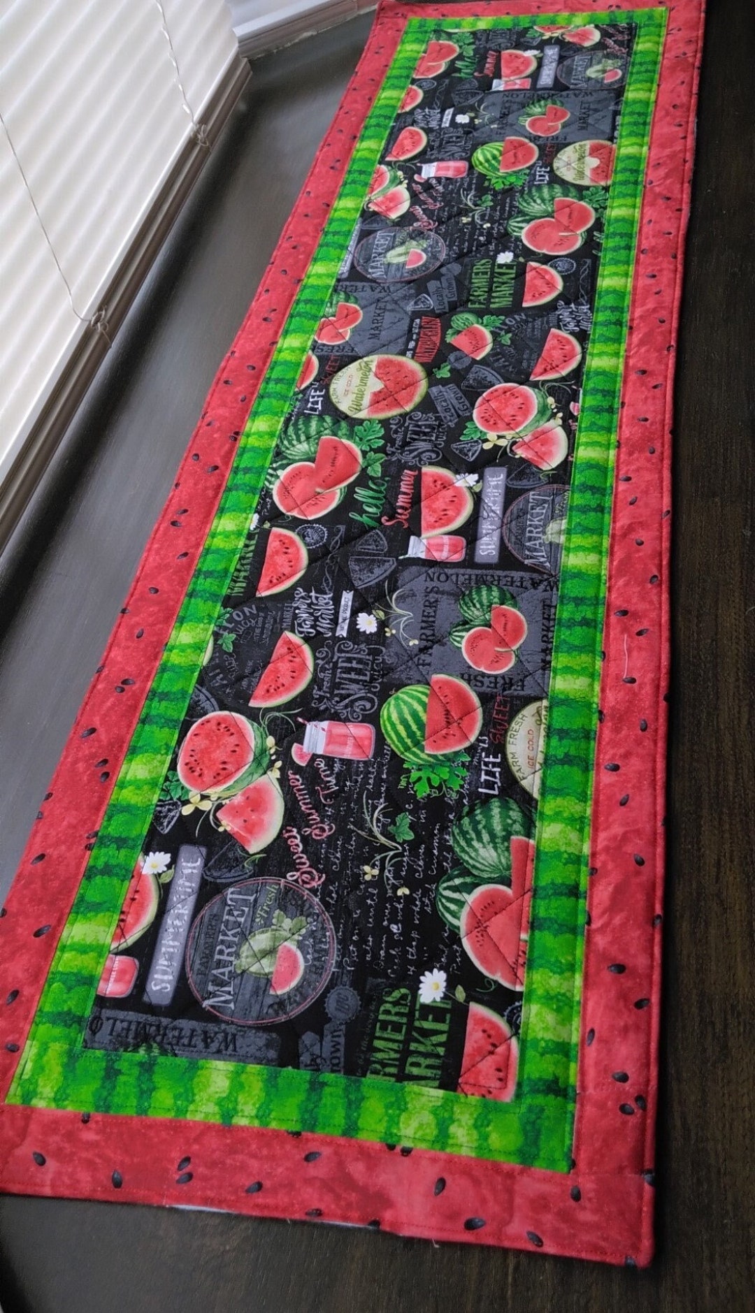 Watermelon Handmade Quilted Table Runner Summer, Chalkboard, Black, Red ...