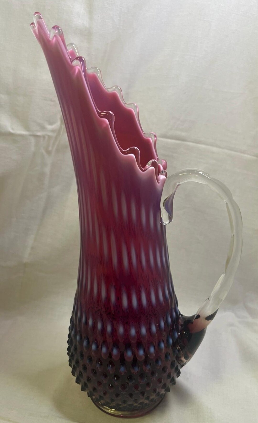 Fenton 16” Plum Opalescent Hobnail Swung Pitcher Vase With Clear Bamboo ...