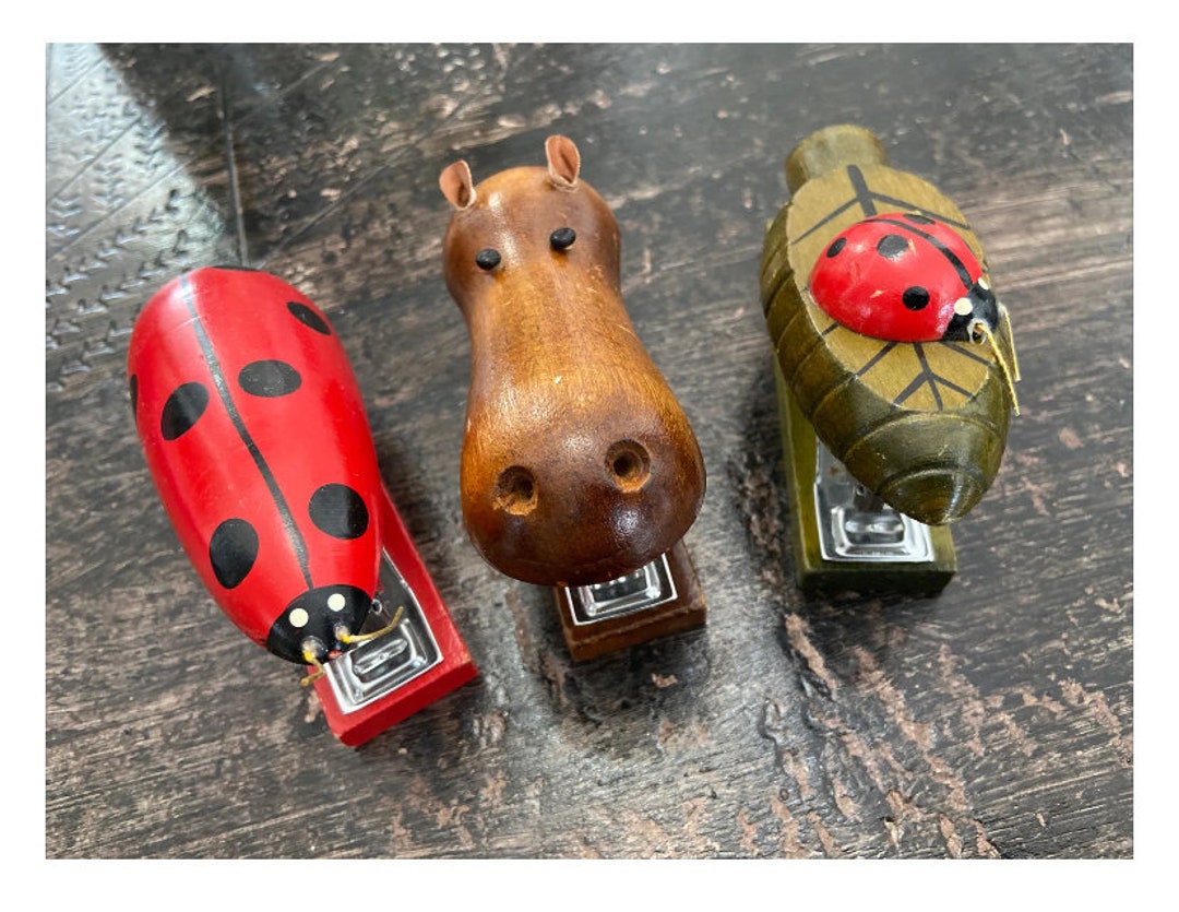 Set of Antique Wooden Animal Staplers: 3 Ladybug, Hippo, Leaf W/ Lady ...