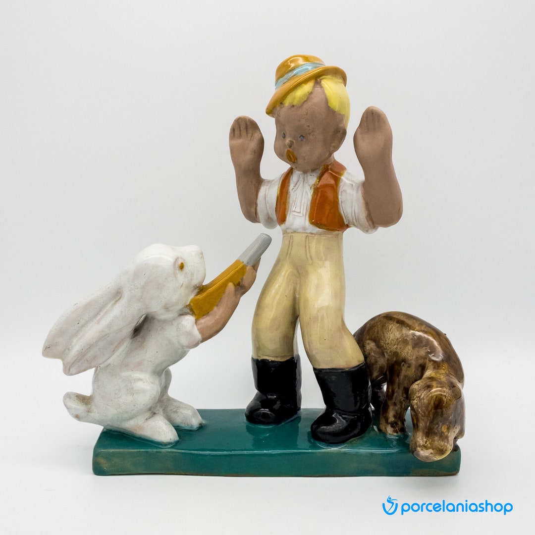 The Rabbit and the Hunter, Very Rare Art Deco Komlos Brothers Figurine ...