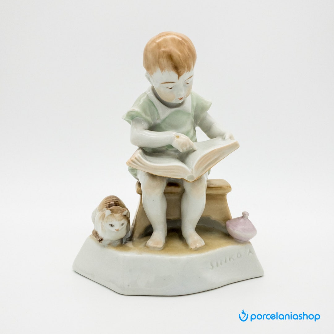 Boy With a Book and a Cat, Very Rare Zsolnay Porcelain Figurine - Etsy