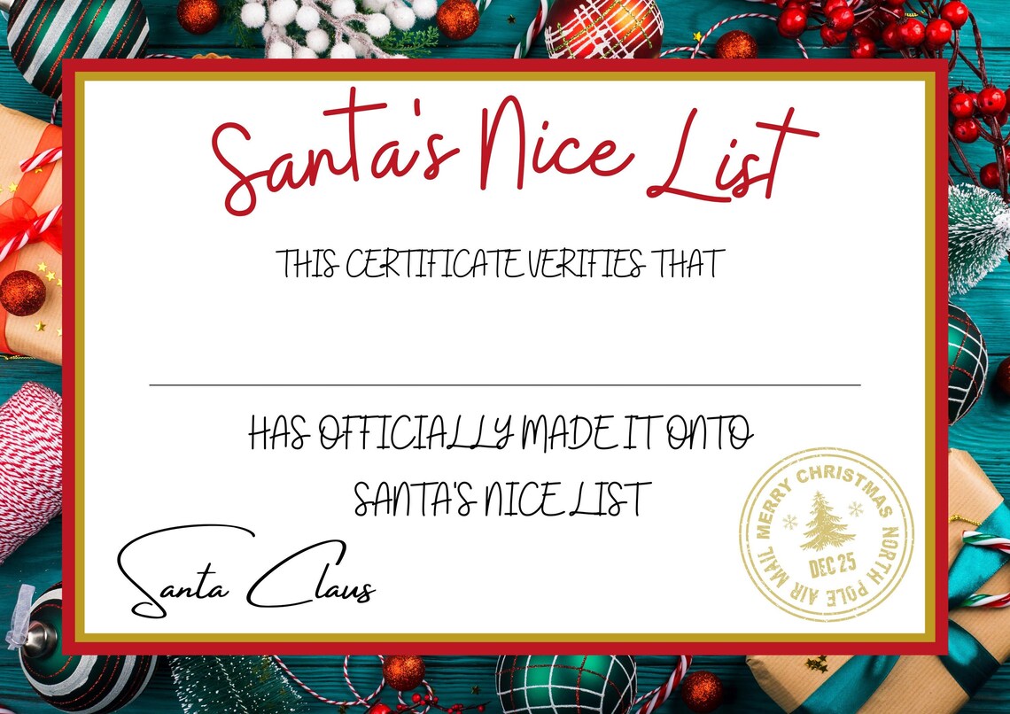 Printable Nice List Certificate * PDF and PNG * - Etsy