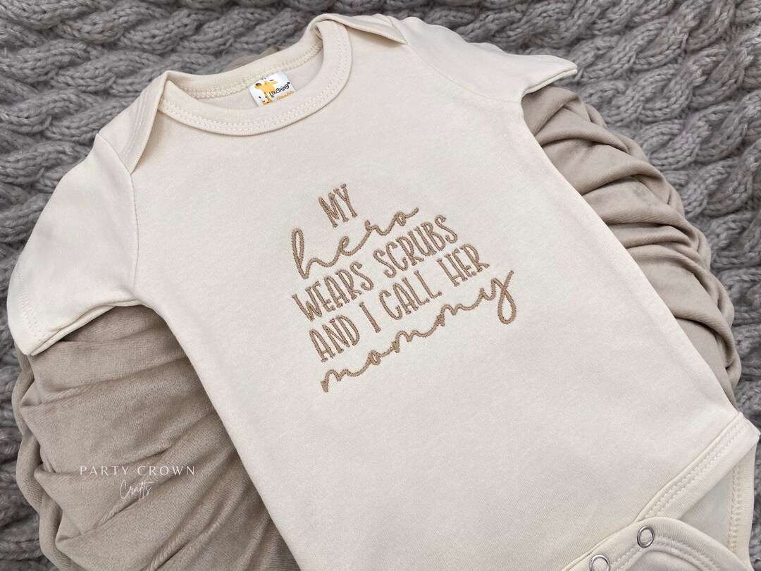Embroidered My Hero Wears Scrubs Bodysuit • Nurse Pregnancy Gift ...