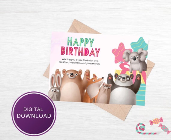 Printable Party Animals Happy Birthday Card Pink and Green | Etsy