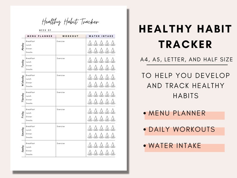 Healthy Habit Tracker Printable, Habit Tracker Digital, Fitness ...