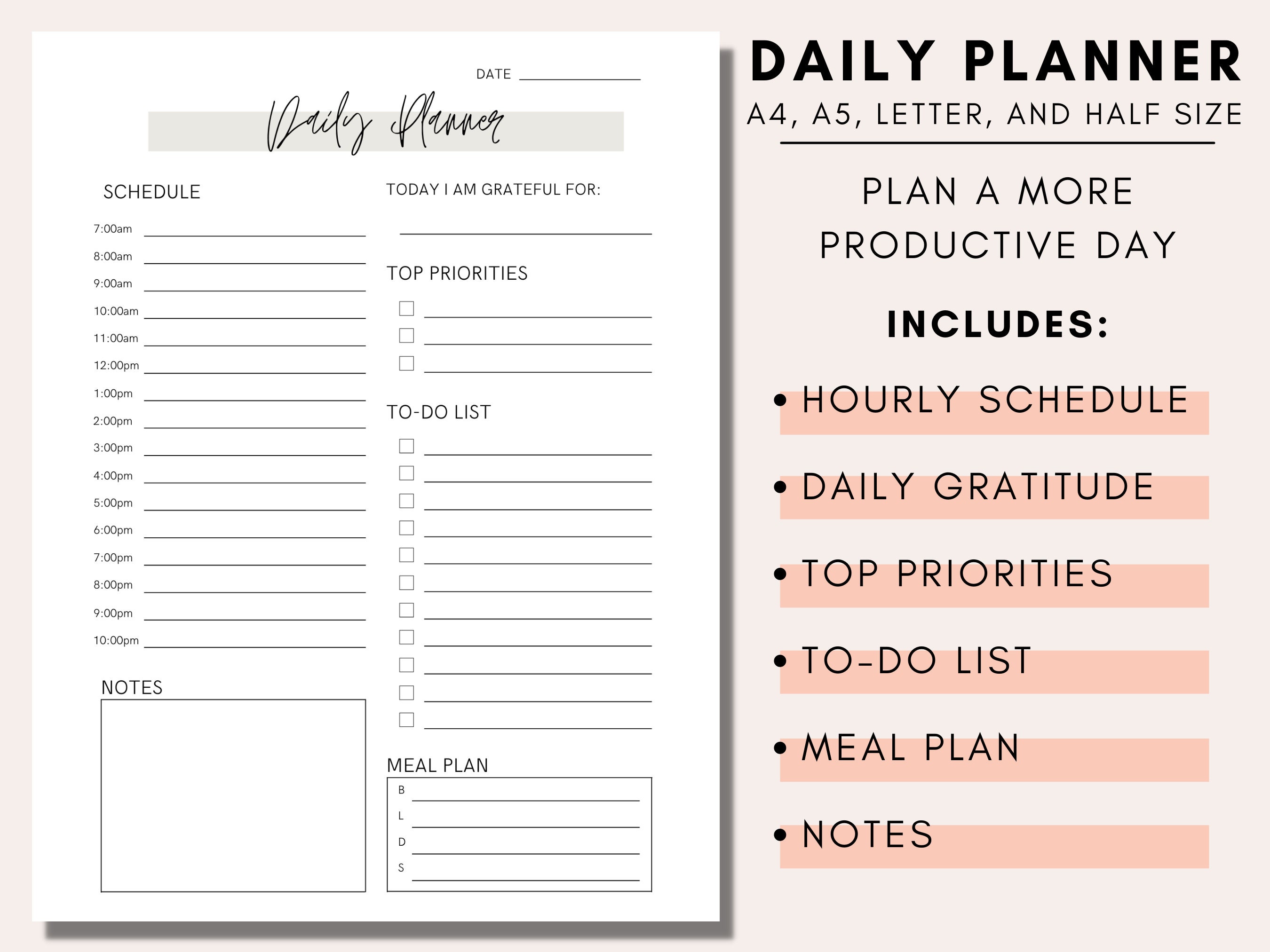 Minimalist Daily Planner Printable | Time Blocking | Daily Hourly ...