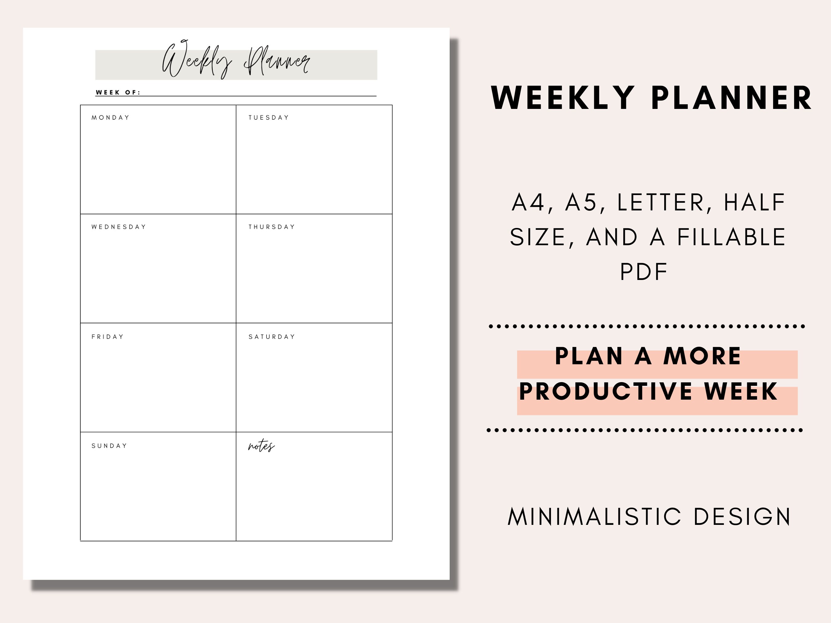 Weekly Planner Printable, Minimalist Planner Digital, Weekly To-do List ...