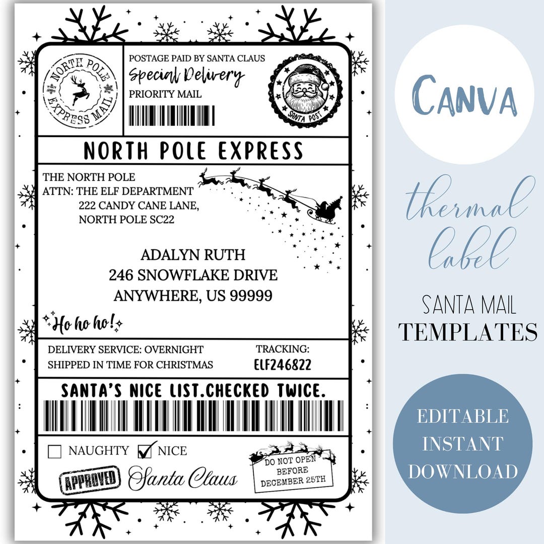 Editable Thermal Label | Santa Mail Sticker Labels | 4x6 Thermal Label ...