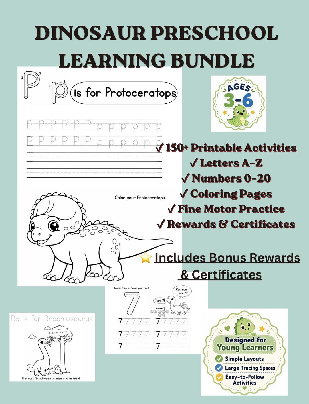 Dinosaur Learning Bundle: Letters and Numbers Tracing, Coloring ...