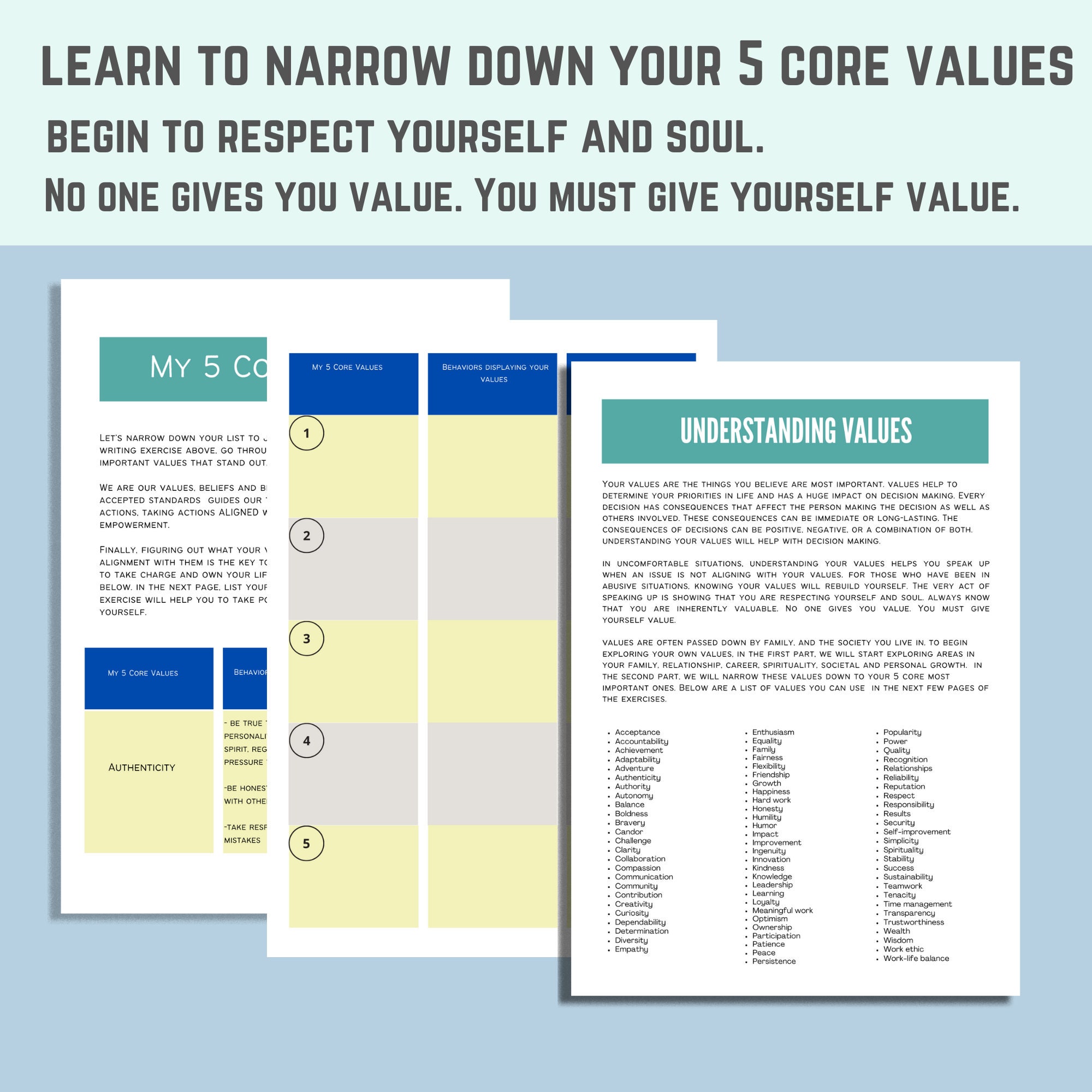 Core Values Workbook Journal Self Esteem Worth Self Love | Etsy