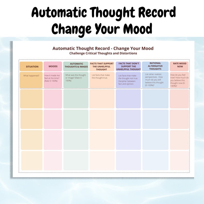 Automatic Thoughts CBT Worksheet | Change Your Mood | Mental Health ...