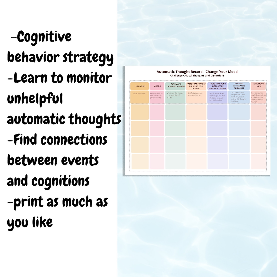 Automatic Thoughts CBT Worksheet | Change Your Mood | Mental Health ...