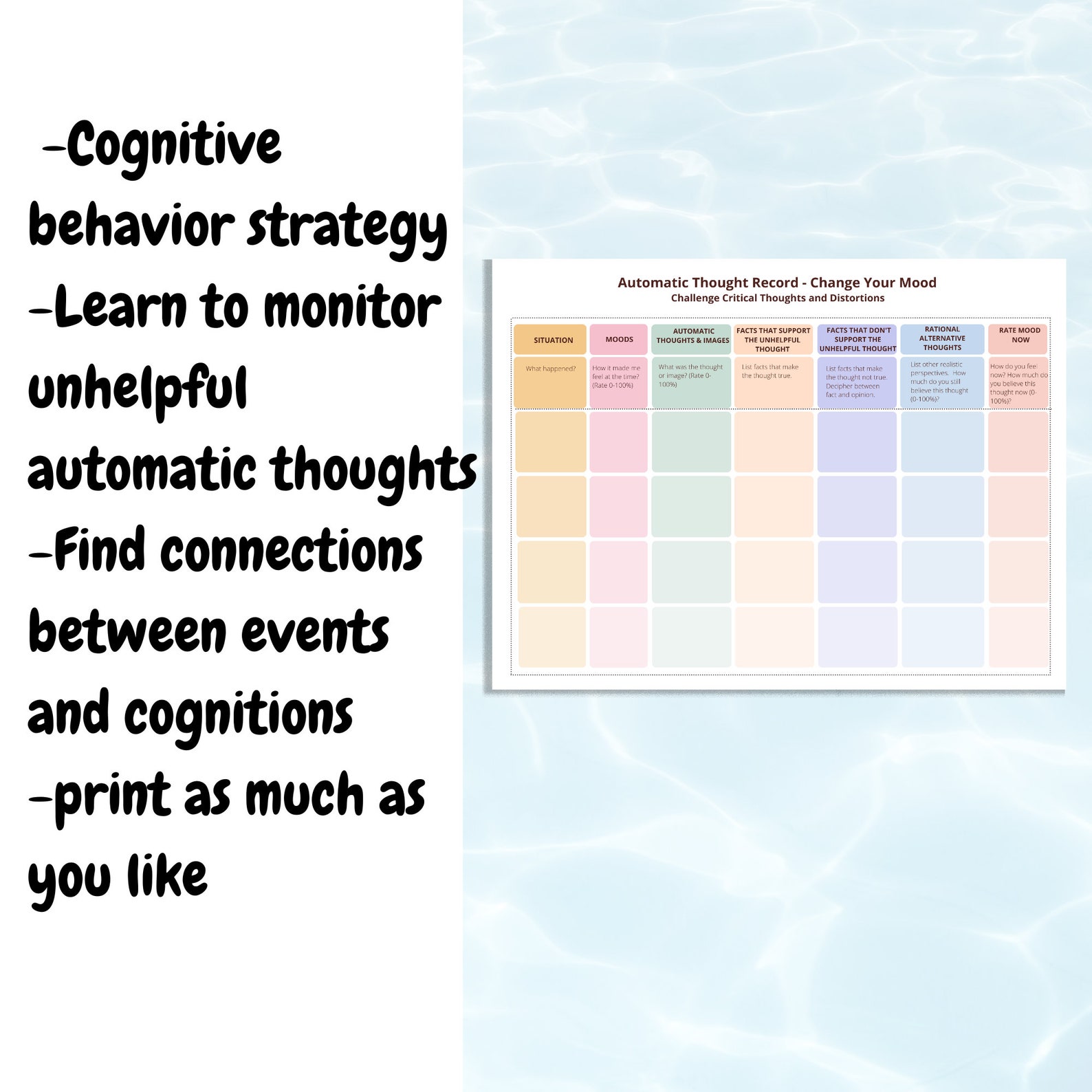 Automatic Thoughts CBT Worksheet | Change Your Mood | Mental Health ...