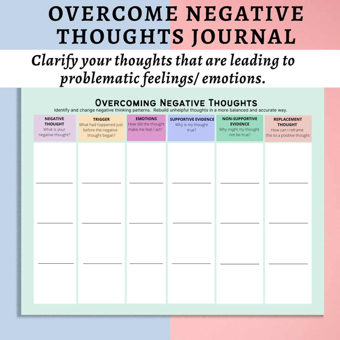 Overcome Negative Thoughts CBT Worksheet | Mental Health Journal ...