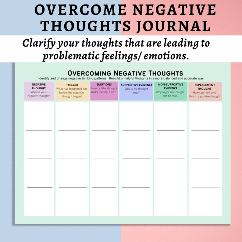 Overcome Negative Thoughts CBT Worksheet | Mental Health Journal ...