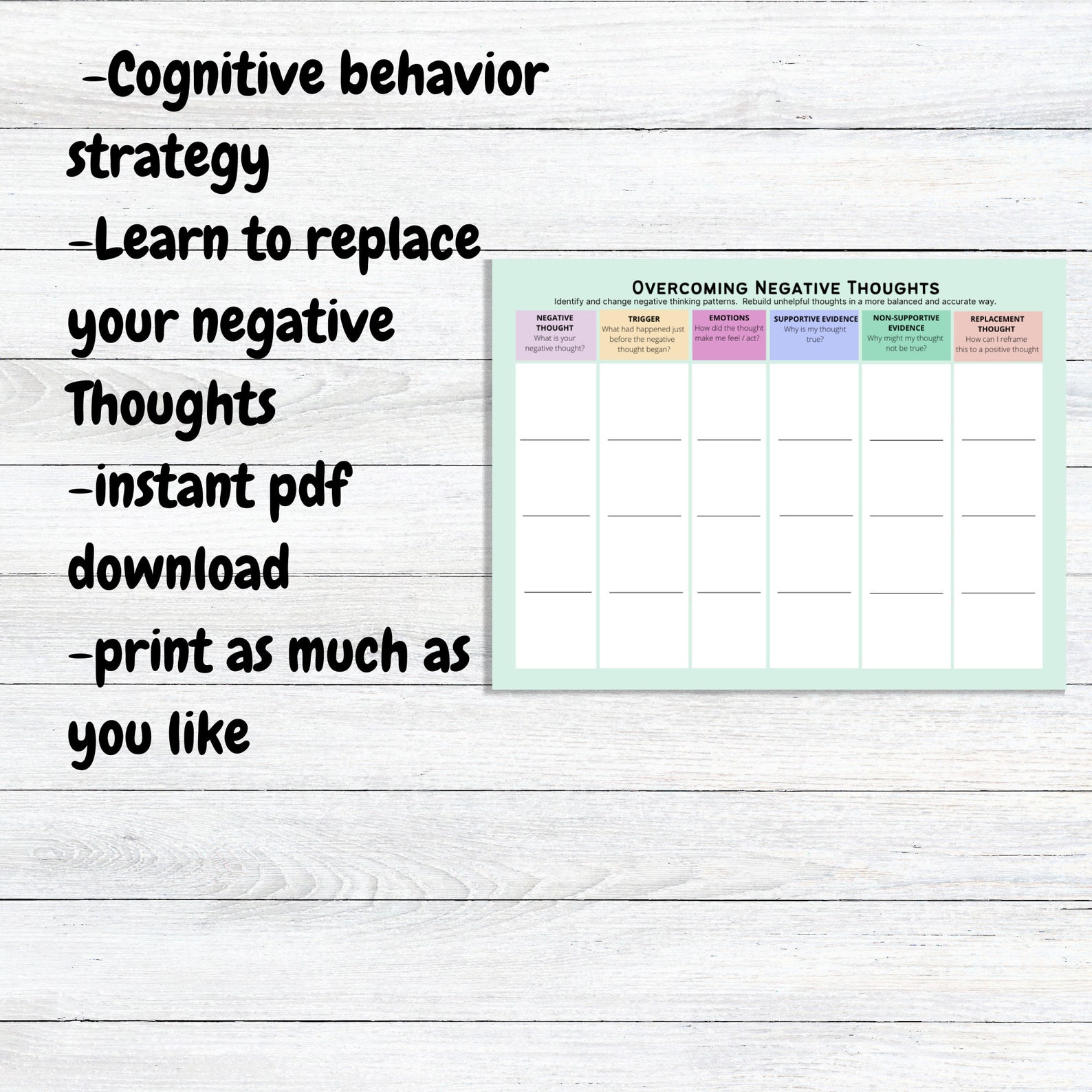 Overcome Negative Thoughts CBT Worksheet | Mental Health Journal ...