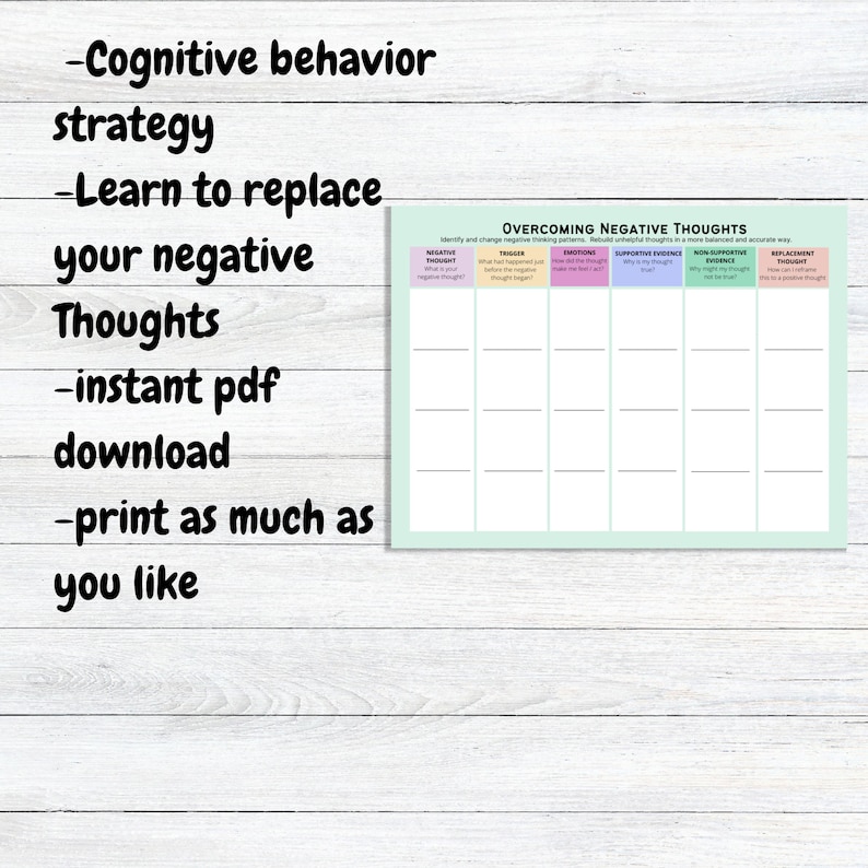 Overcome Negative Thoughts CBT Worksheet | Mental Health Journal ...